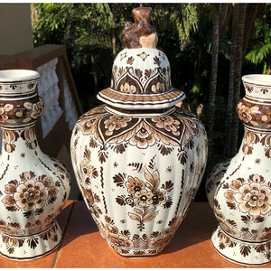 Delft De Drietand Golda Brown Ginger Jar Vase Garniture Set Large ...