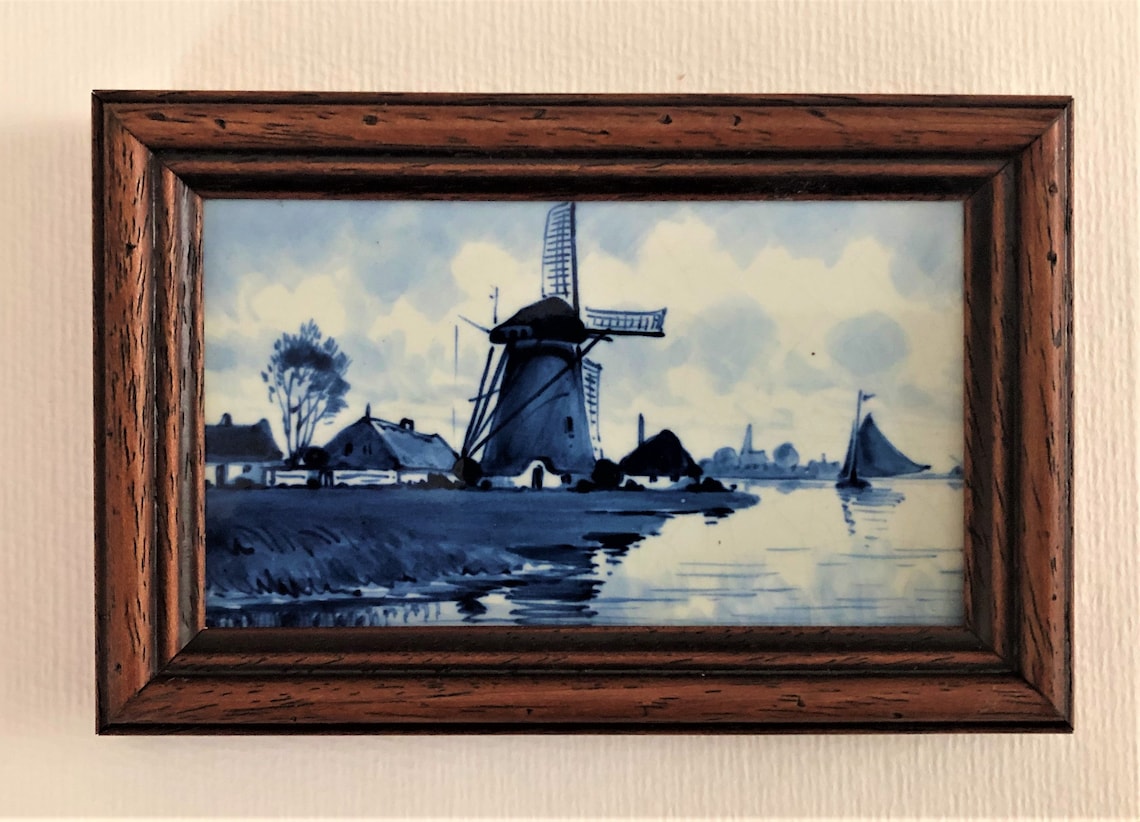 1903 THREE Royal Delft Blue Tile Tableau Framed Delfts Blauw Molen ...