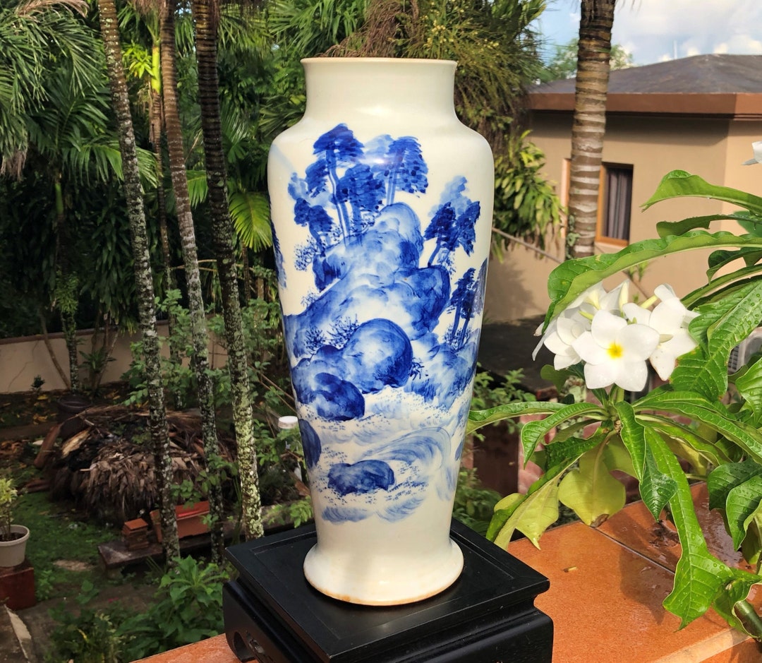 Tall 染付 Sometsuke Blue Vase Landscape Vaas 山水 Sansui Jar 山 Mountain Urn ...