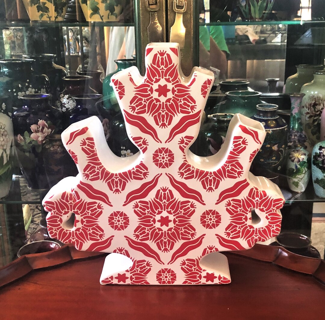 LARGE! Royal Delft Lotte Van Laatum 5 Neck Tulipiere Red & White Vase ...