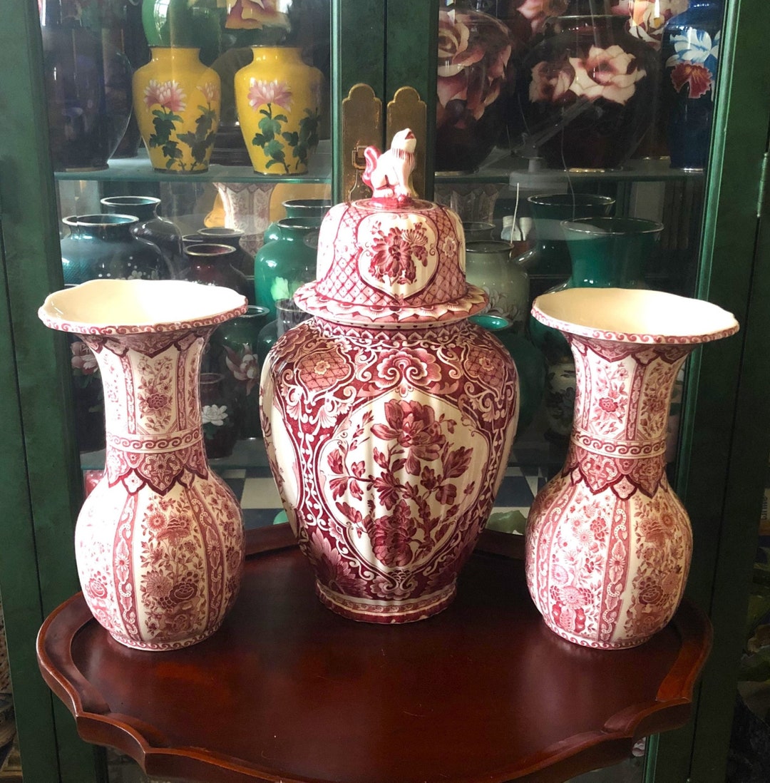 HUGE! Petrus Regout Rare DELFT RED Three Ginger Jar Vase Garniture Set ...