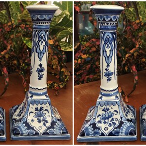 TWO Royal Delft 1960 Candlesticks Pair Delfts Blauw Kandelaars Floral ...