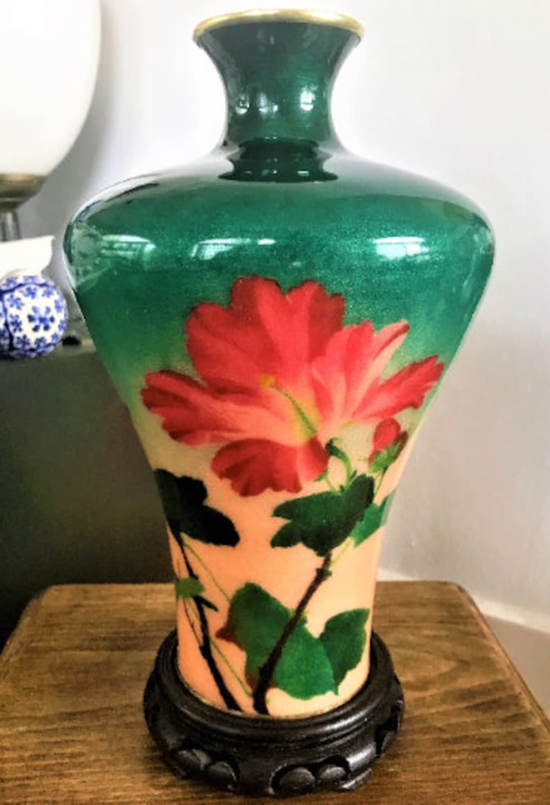 有線七宝 Yusen Shippo Silver Wire Cloisonne Large Yellow Vase 葵 Malva Pink ...