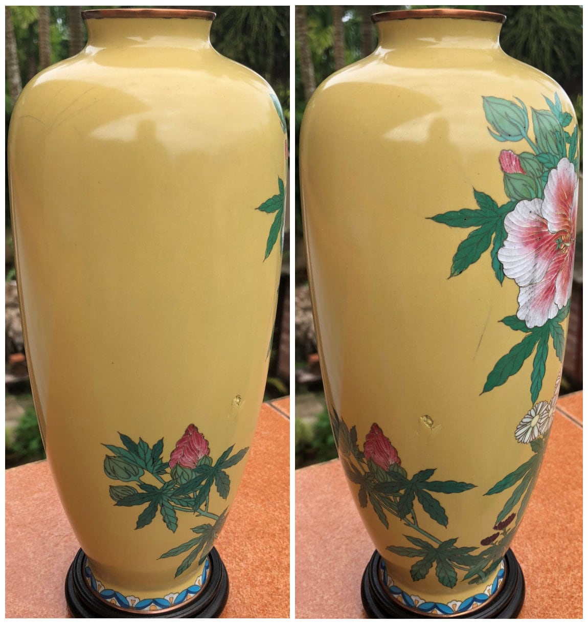 有線七宝 Yusen Shippo Silver Wire Cloisonne Large Yellow Vase 葵 Malva Pink ...