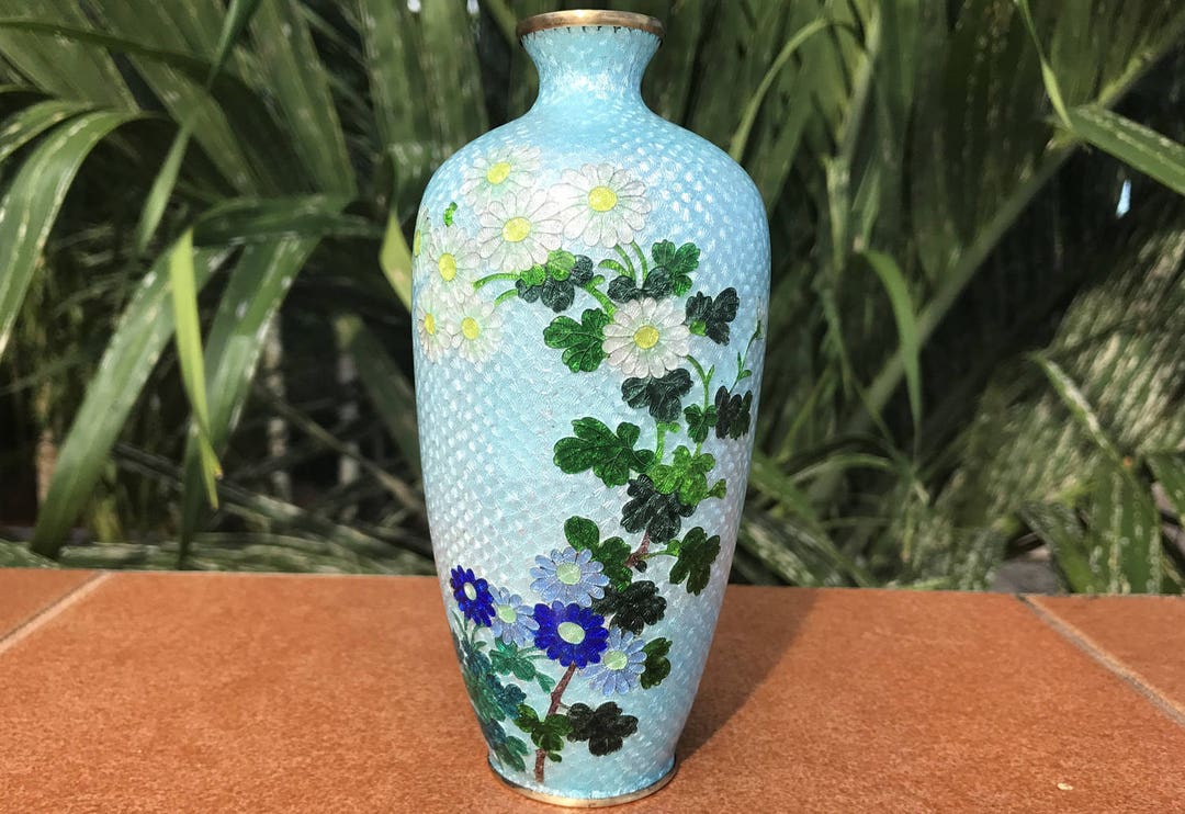 日本 美品 Mark 柚香菊 Yuugagiku Japanese Aster Blossoms Cloisonne Vase 有線七宝 ...