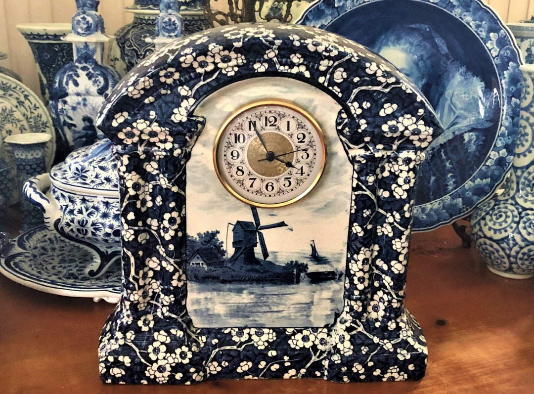 Large Delft Prunus Mantle Clock Delfts Blauw Chinois Molen En ...