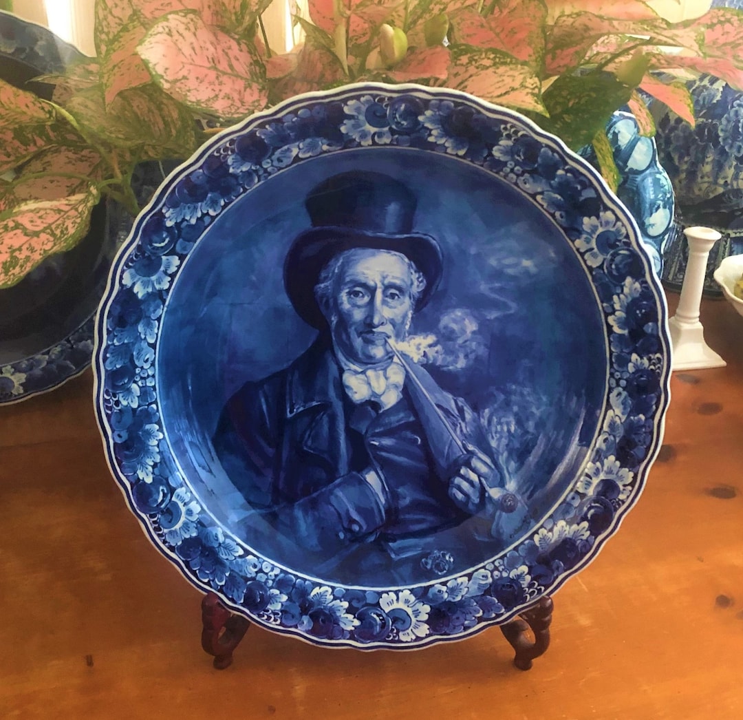 HUGE! Royal Delft 1962 Rare Charger ''pipe Smoker With Top Hat'' Large ...