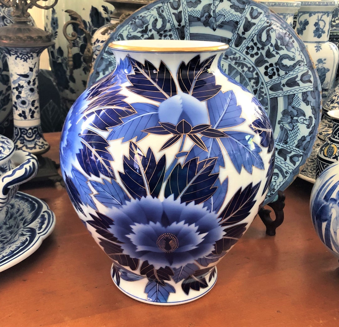 LARGE! Koransha Fancy Chrysanthemum Large Vase 菊 Kiku Chrysant Blauw ...
