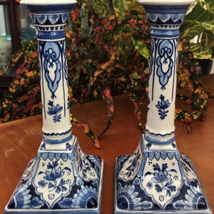 TWO Royal Delft 1960 Candlesticks Pair Delfts Blauw Kandelaars Floral ...