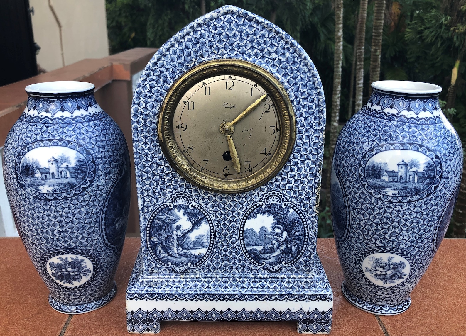 LARGE! Royal Bonn Delft Blue Clock & Vase Set Franz Anton Mehlem ...