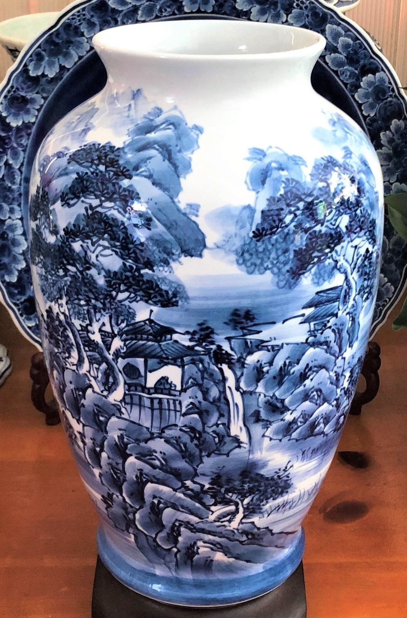 Fukagawa Sei Grisaille Black & White Vase 山水 Sansui Mountain Landscape ...