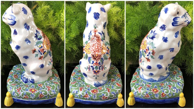 Delft Cat on a Cushion Delfts Blauw Kat Figurine Faience Statue Feline ...