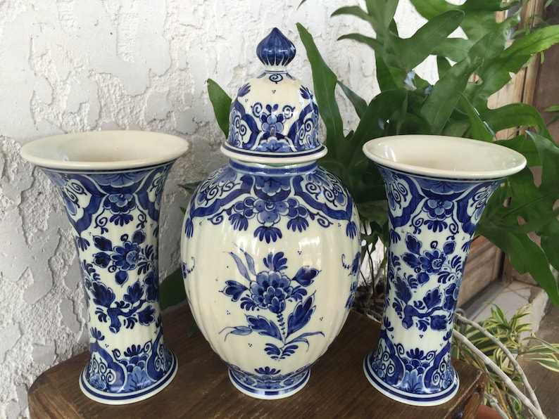 Zenith Delft Ginger Jar Vase Garniture Set Delfts Blauw Kaststel Deksel ...