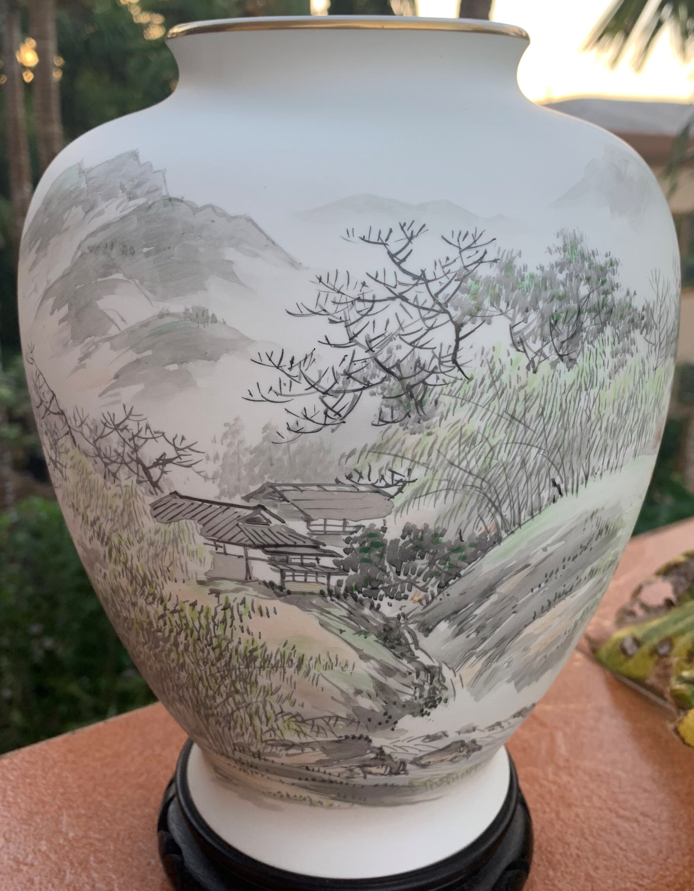 Fukagawa Sei Grisaille Black & White Vase 山水 Sansui Mountain Landscape ...