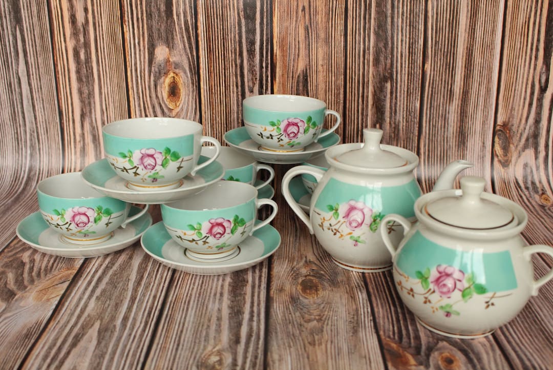 Vintage Soviet Tea Set for 6 Persons Soviet Porcelain Service Blue ...