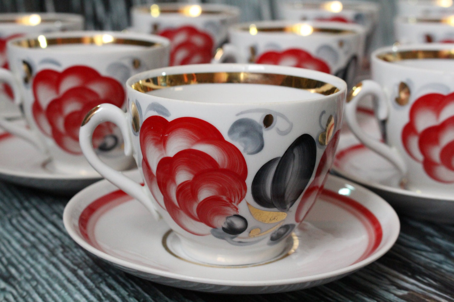 Set of russian tea cups and saucer Flower tea set Russian tea | Etsy