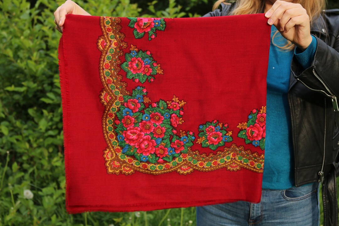 Soviet Red Shawl Floral Wool Scarf Red Handkerchief Ukrainian Wool ...