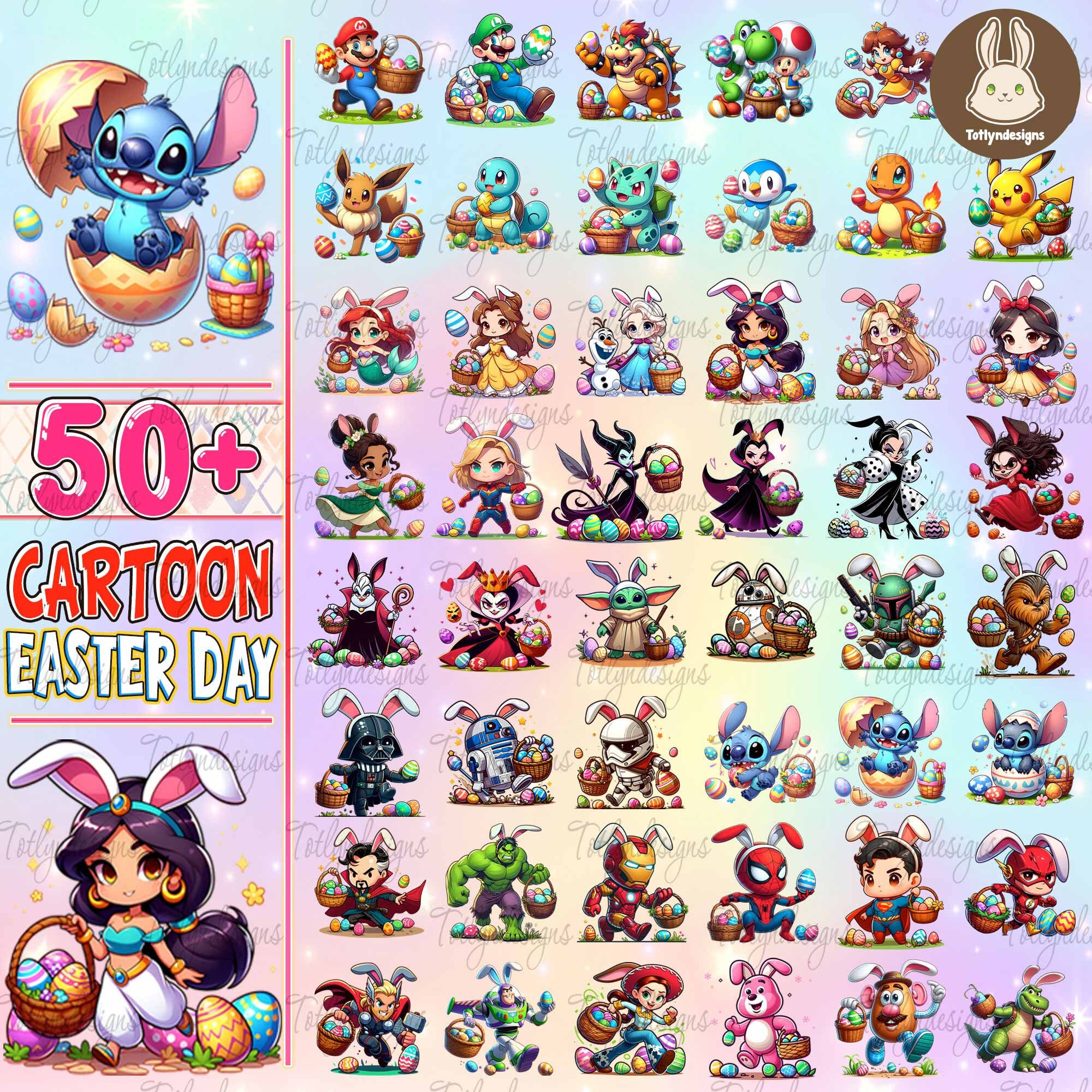 50 Cartoon Easter Character Png Bundle, Superhero Easter Png, Spring ...
