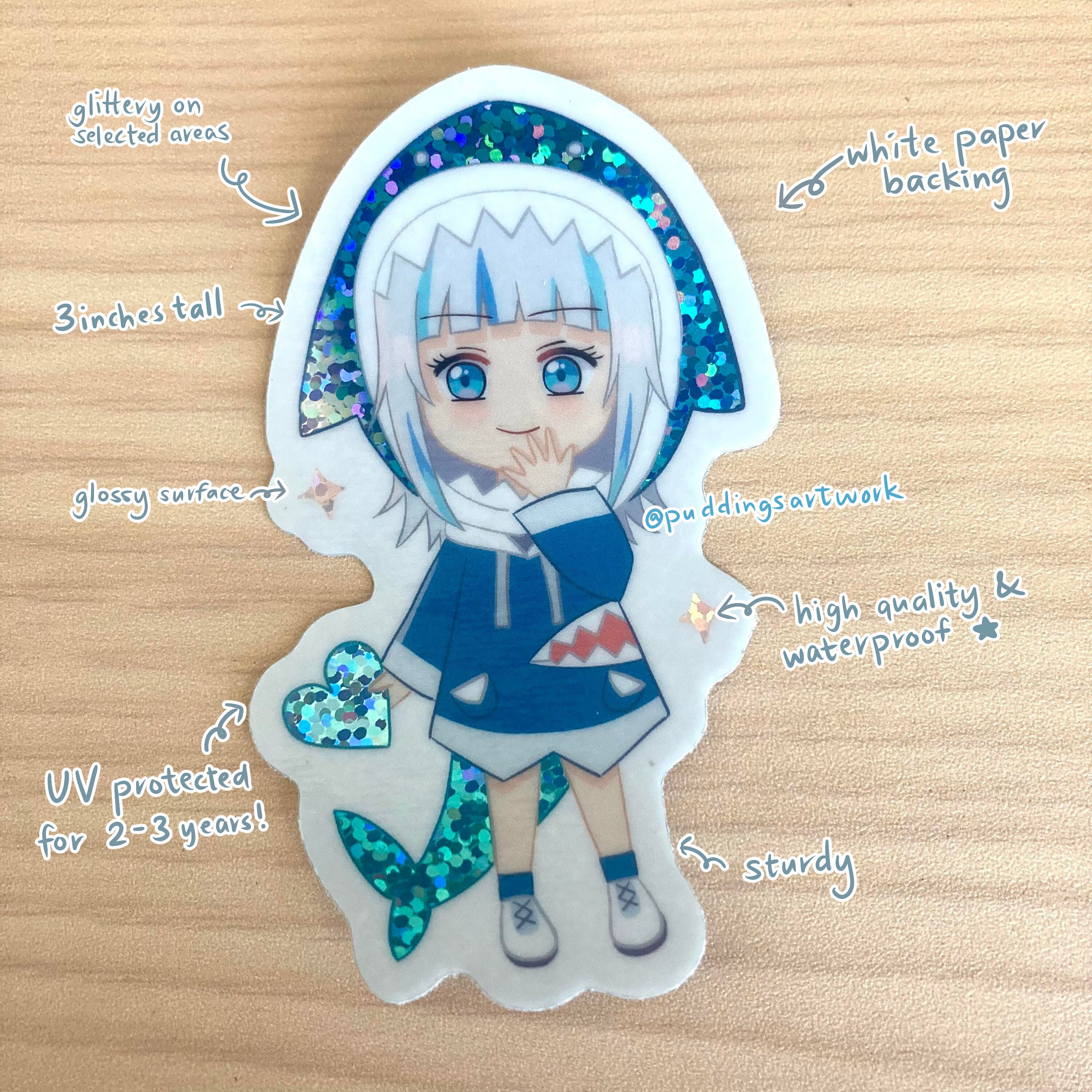 Hololive EN Gawr Gura Pastel Waterproof Glitter Sticker Kawaii Vtuber ...
