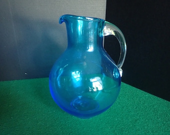 Vintage Blue Glass Pitcher With Clear Handle - Etsy