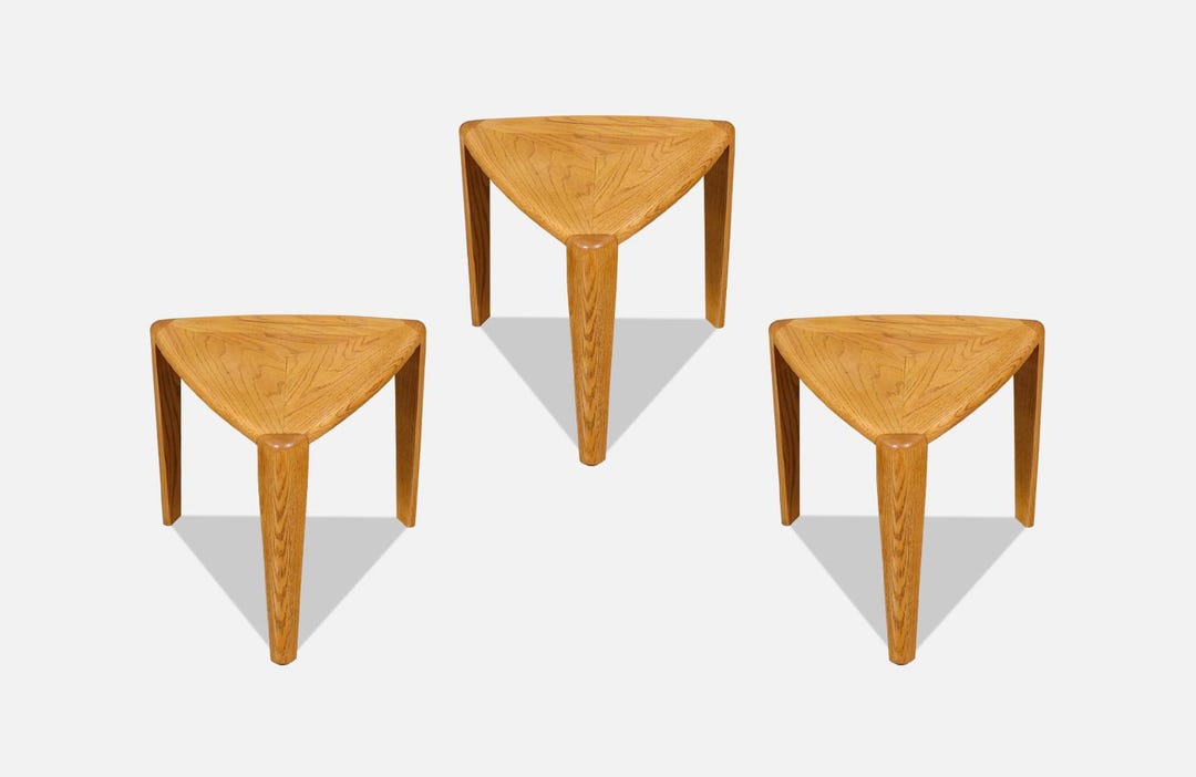Mid-century Modern Triangular Oak Tri-leg Side Tables - Etsy