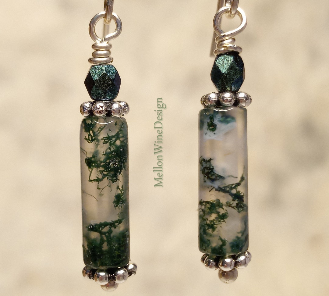 Moss Agate Earrings, Sterling Silver Ear Wire or Stud Earrings ...
