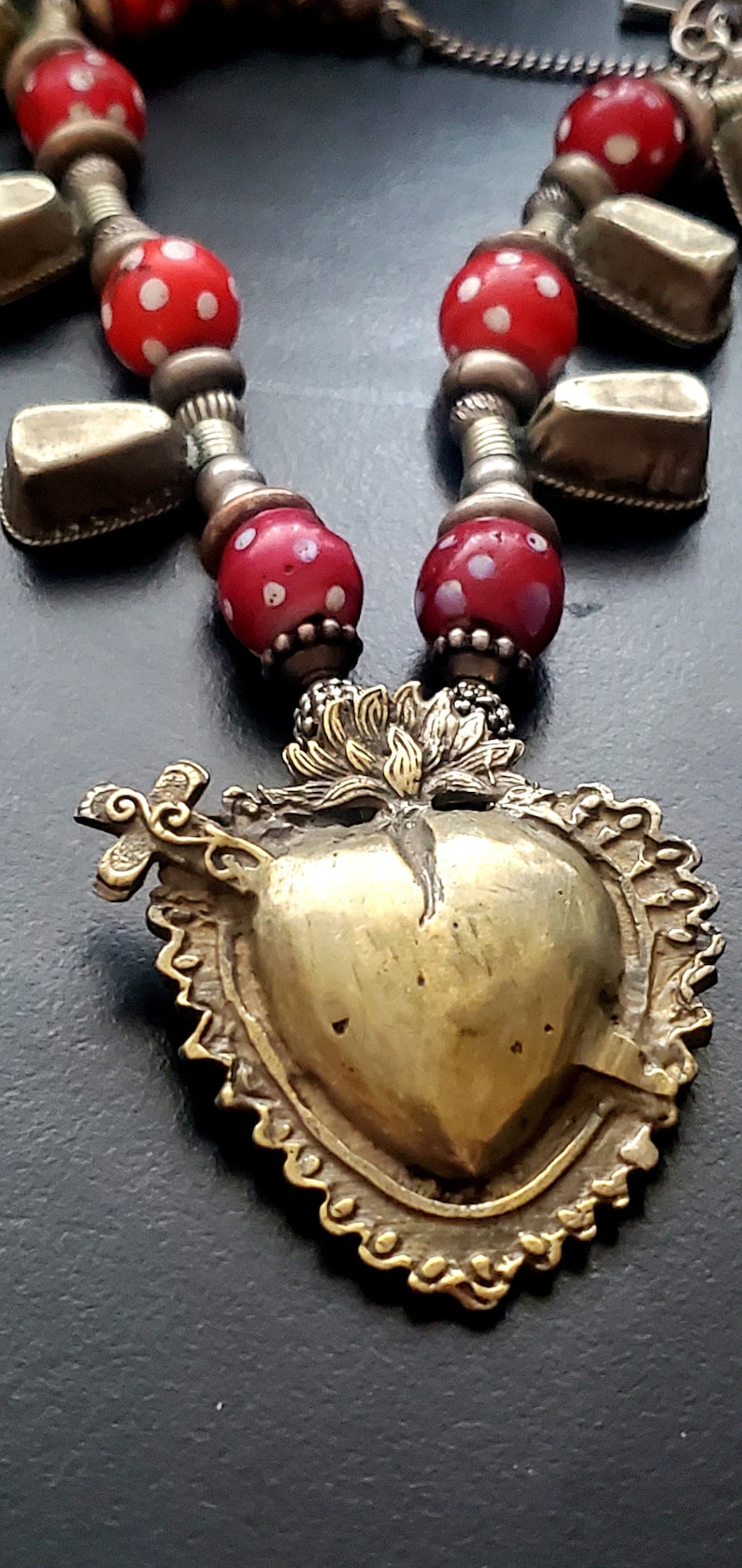 Vintage Flaming Heart Ex Voto OOAK Necklace Dotted Venetian Red ...