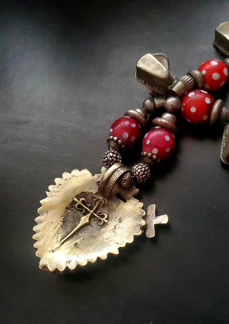 Vintage Flaming Heart Ex Voto OOAK Necklace Dotted Venetian Red ...