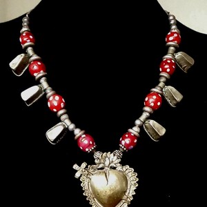 Vintage Flaming Heart Ex Voto OOAK Necklace Dotted Venetian Red ...