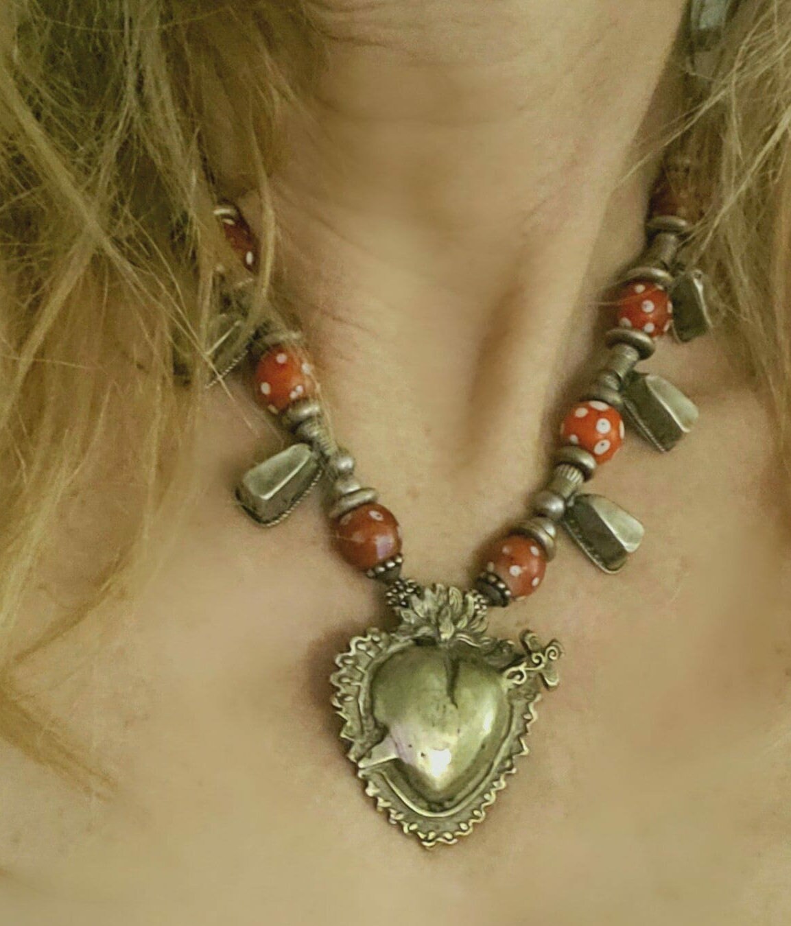 Vintage Flaming Heart Ex Voto OOAK Necklace Dotted Venetian Red ...