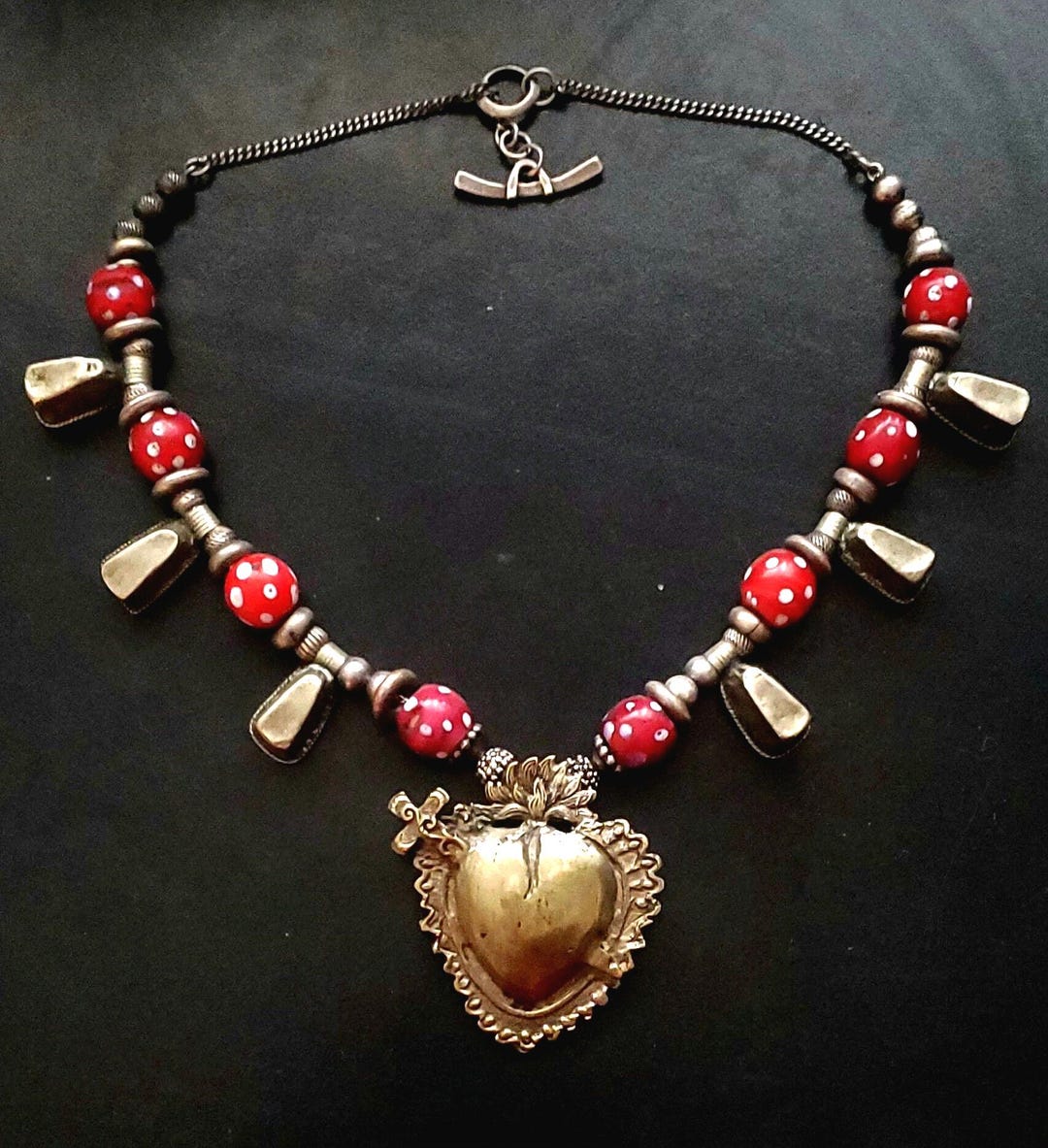 Vintage Flaming Heart Ex Voto OOAK Necklace Dotted Venetian Red ...