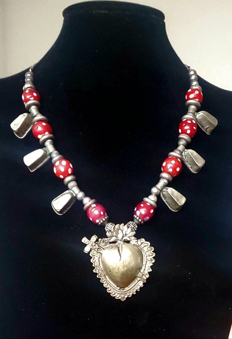 Vintage Flaming Heart Ex Voto OOAK Necklace Dotted Venetian Red ...