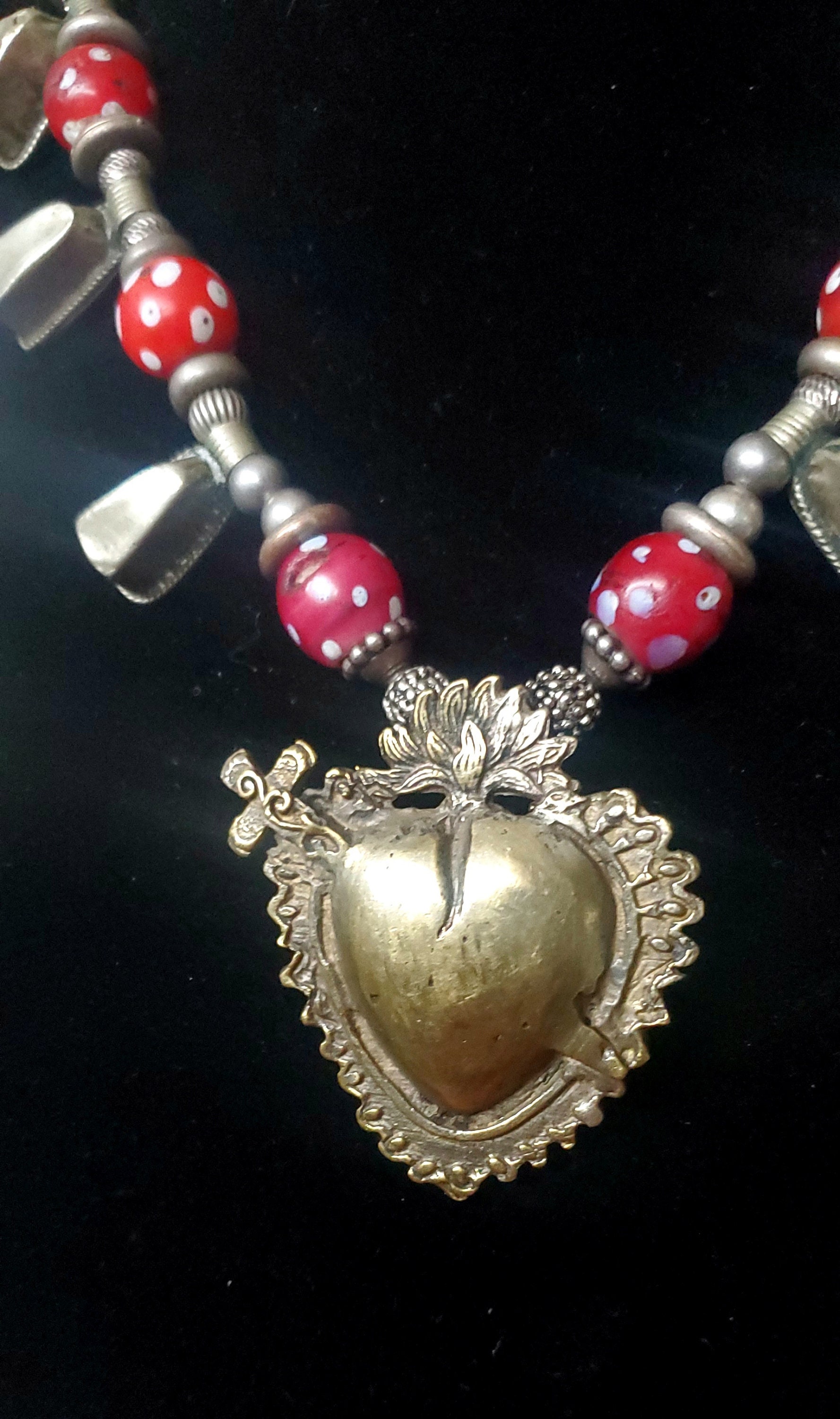 Vintage Flaming Heart Ex Voto OOAK Necklace Dotted Venetian Red ...