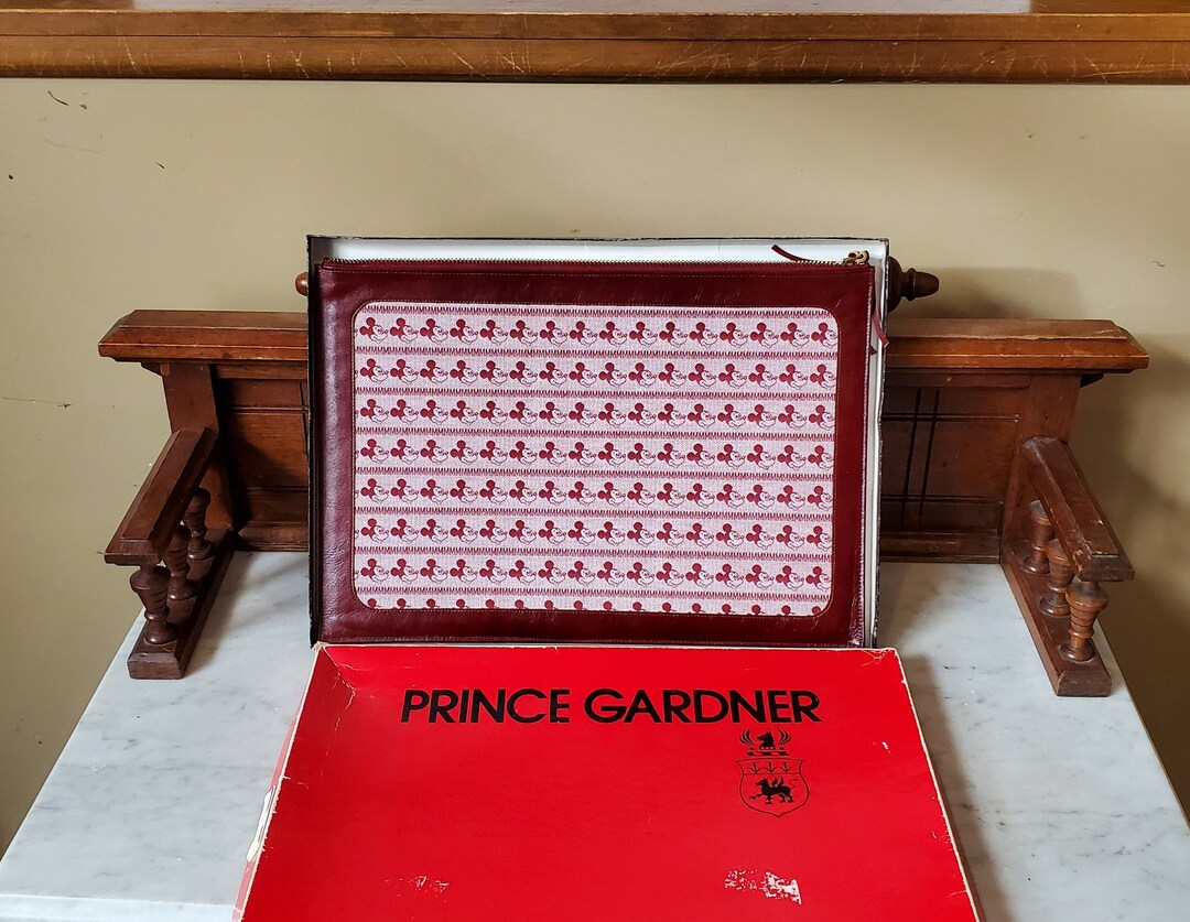 Vintage Prince Gardner NEVER USED Mickey Mouse Embroidered Burgundy Leather Portfolio With Brass ...