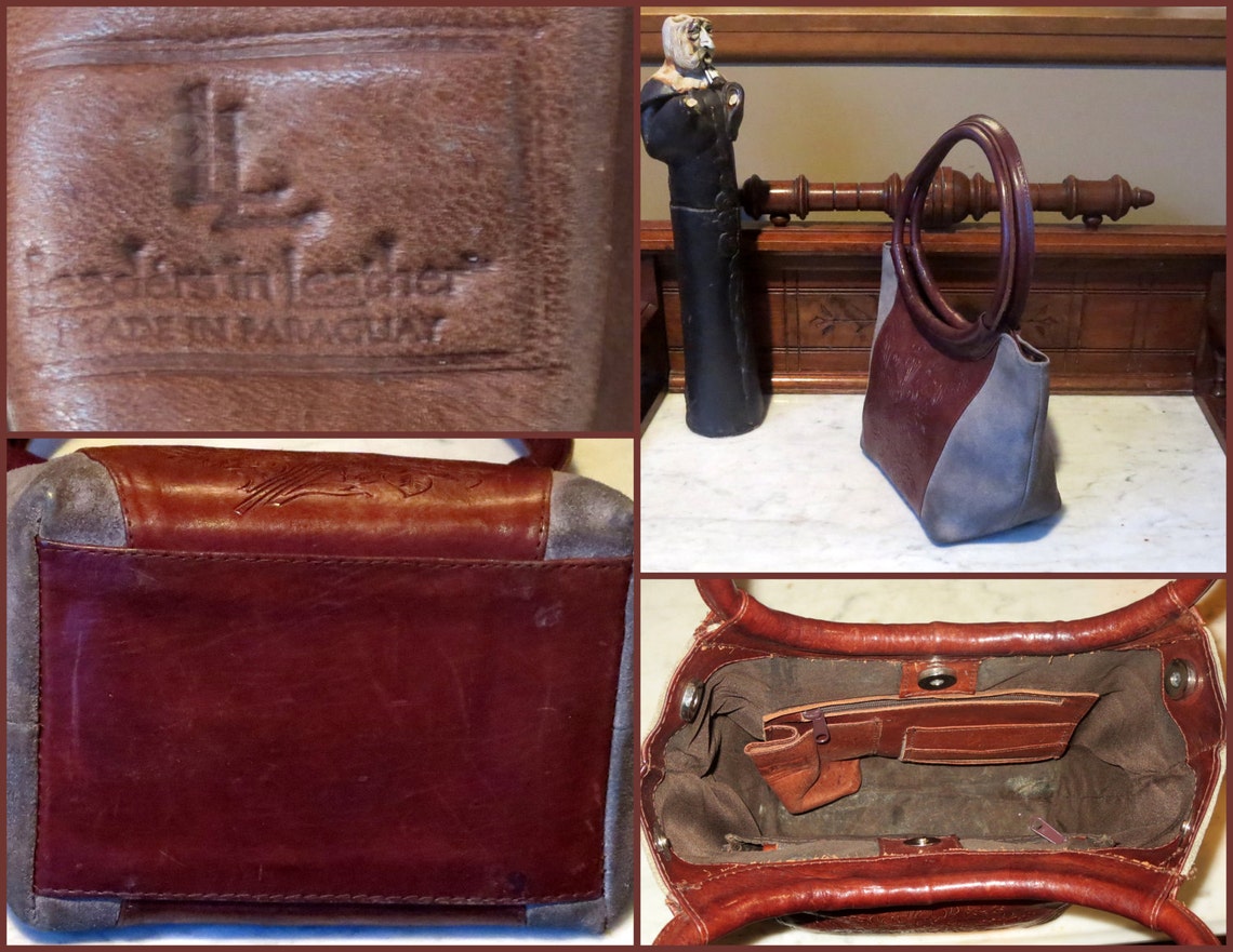 Leaders in Leather Tooled Brown Leather Bag With Gray Suede - Etsy