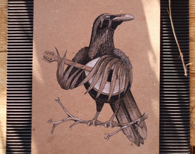 Crow Bard Original Black Ink Drawing, Fairytale Black Bird Musician ...
