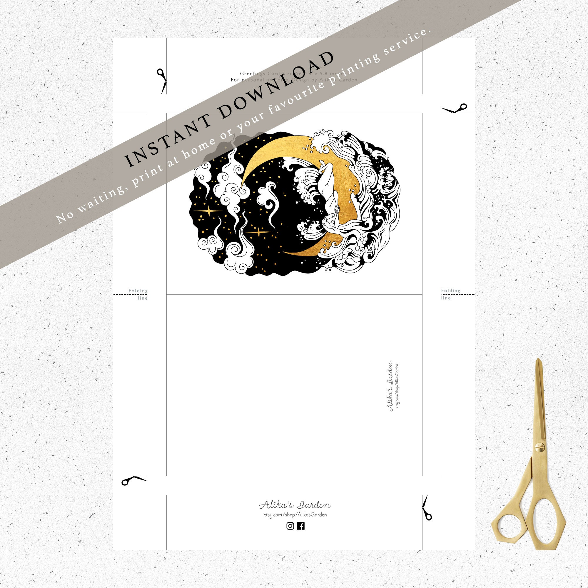 Printable Gold Crescent Card, Birthday Moon Drawing Card, Instant ...