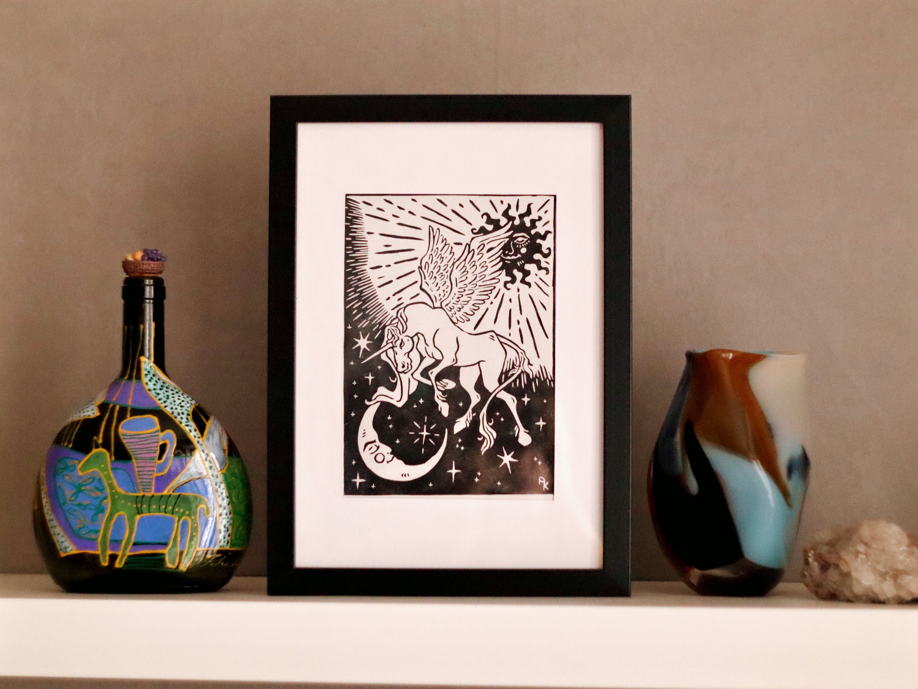 Unicorn Pegasus Linocut Print, Fantasy Creature Handmade Original Wall ...