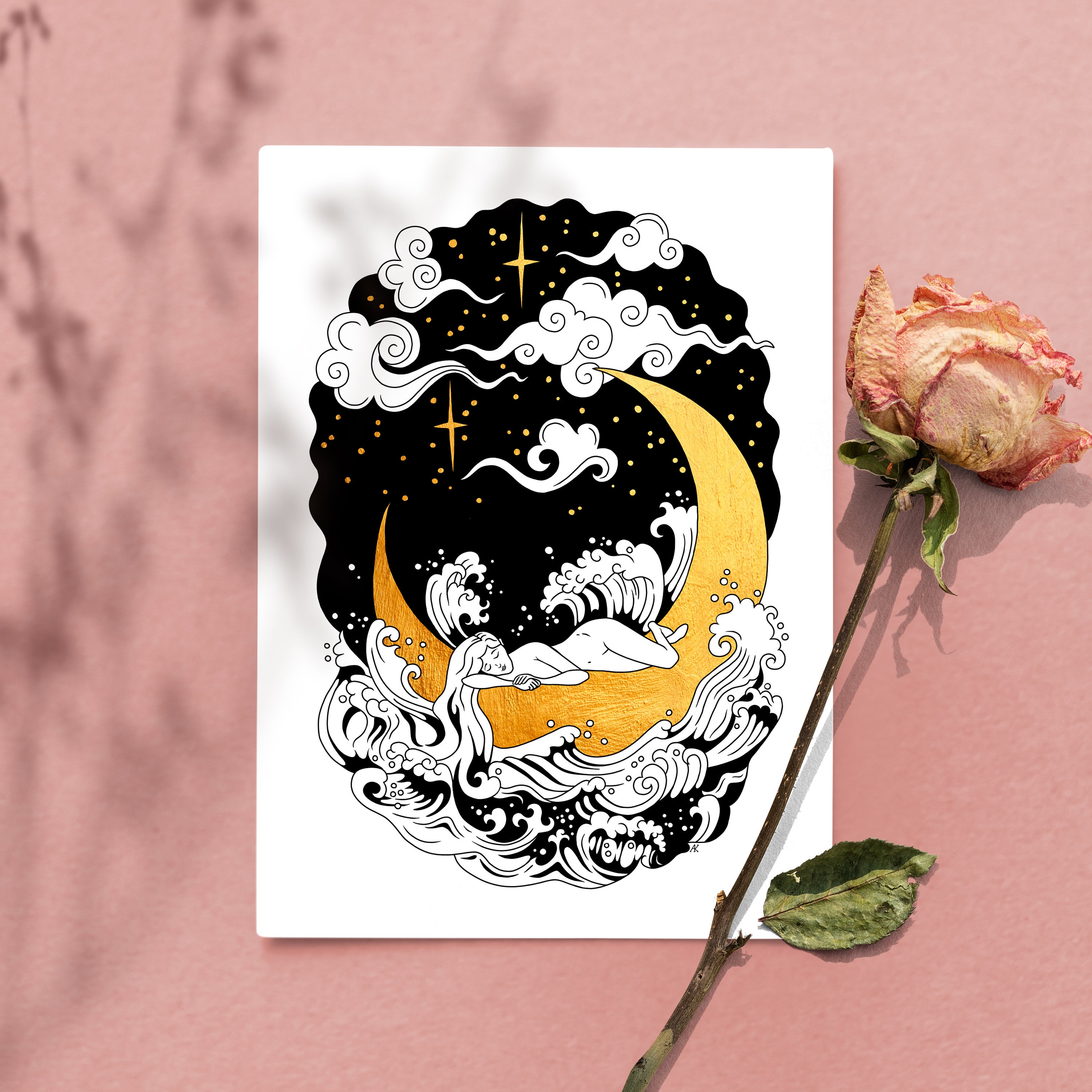 Printable Gold Crescent Card, Birthday Moon Drawing Card, Instant ...