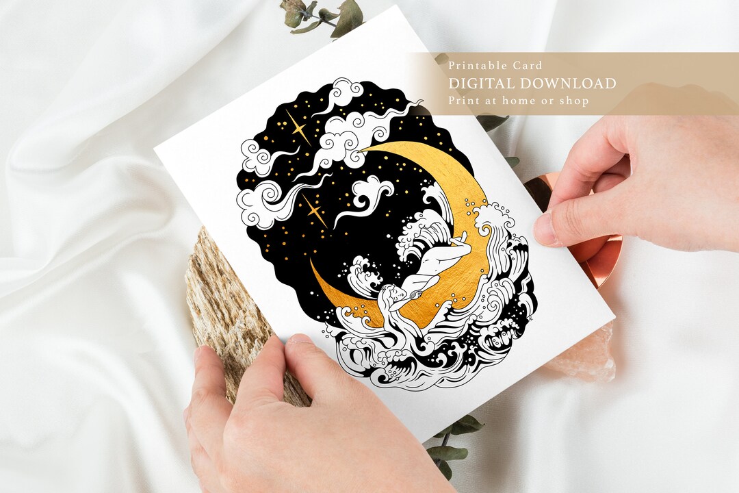 Printable Gold Crescent Card, Birthday Moon Drawing Card, Instant ...