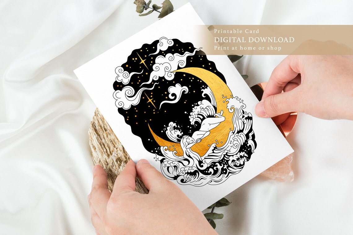 Printable Gold Crescent Card, Birthday Moon Drawing Card, Instant ...