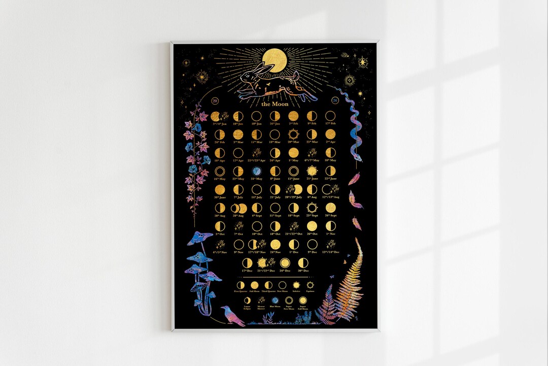 2026 Printable Lunar Calendar, Dreamy Golden Moon Phases Chart, Magical ...