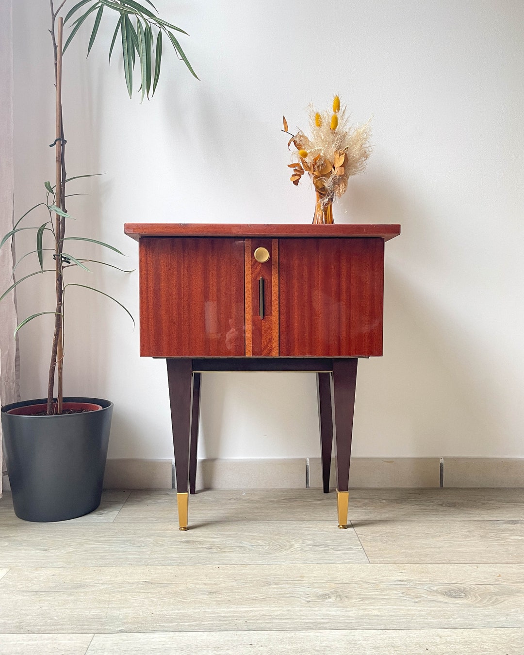 Vintage Wooden and Brass Bedside Table, 1950 - Scandinavian Style ...