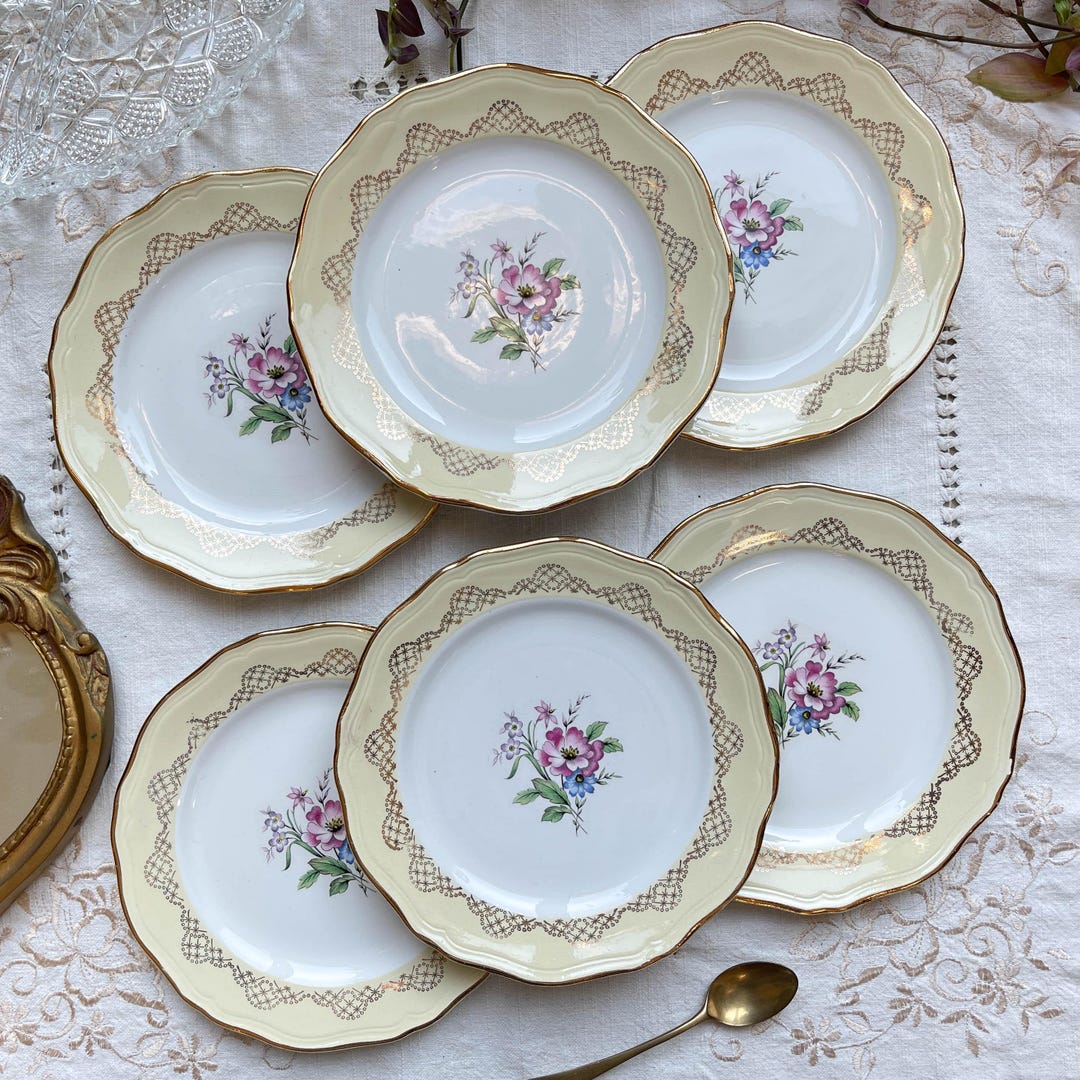 6 French Vintage Porcelain Small Plates Floral Pattern White, Golden ...