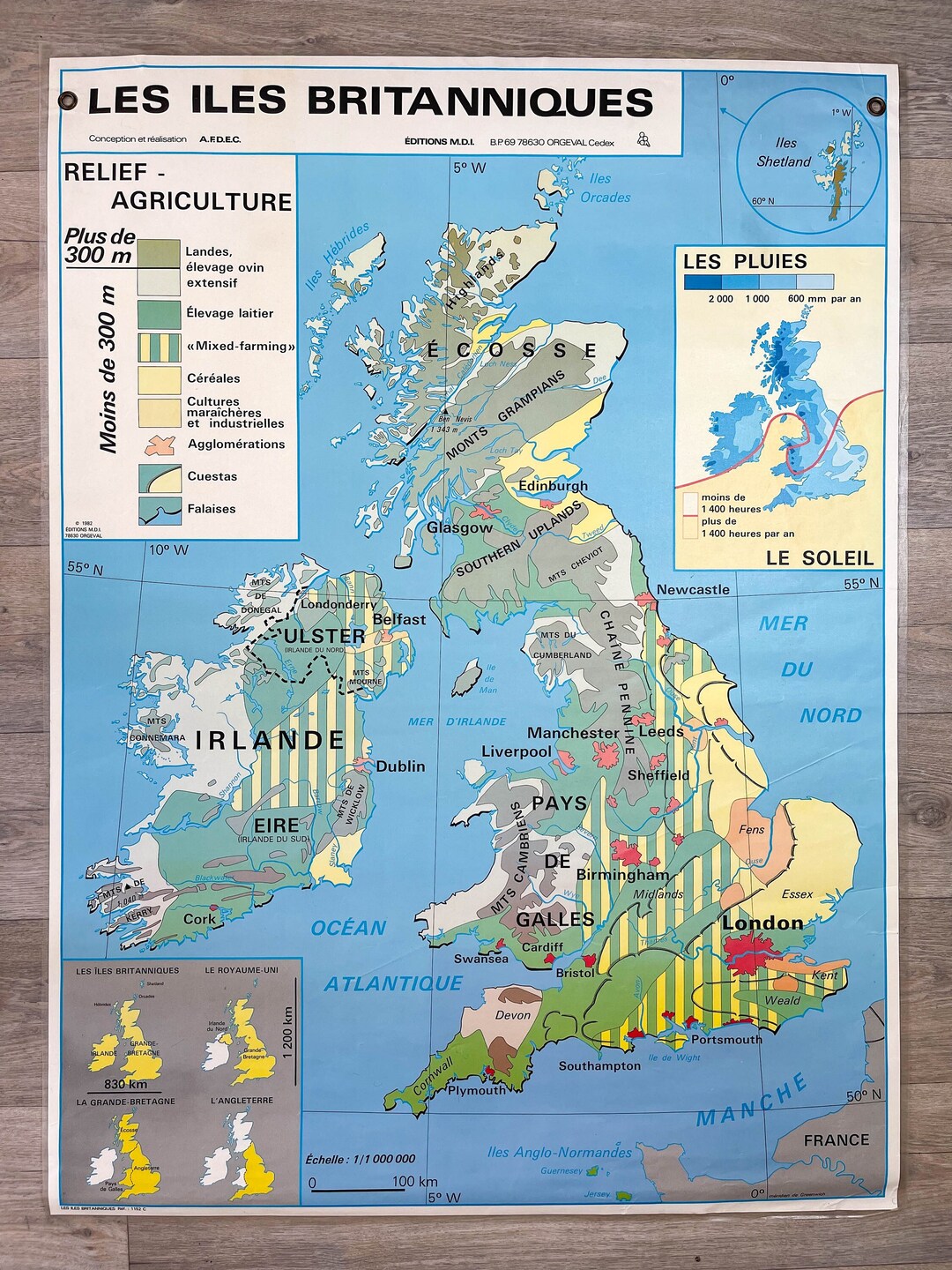 Vintage School Map the BRITISH ISLANDS MIDI Year 1982 Old Geography Map ...