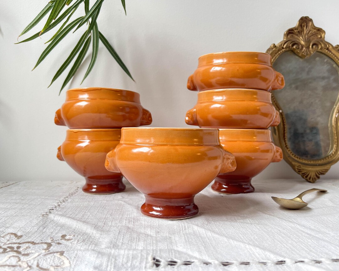 6 Vintage Emile Henry Ceramic Lion Head Onion Soup Bowls - Honey/brown ...