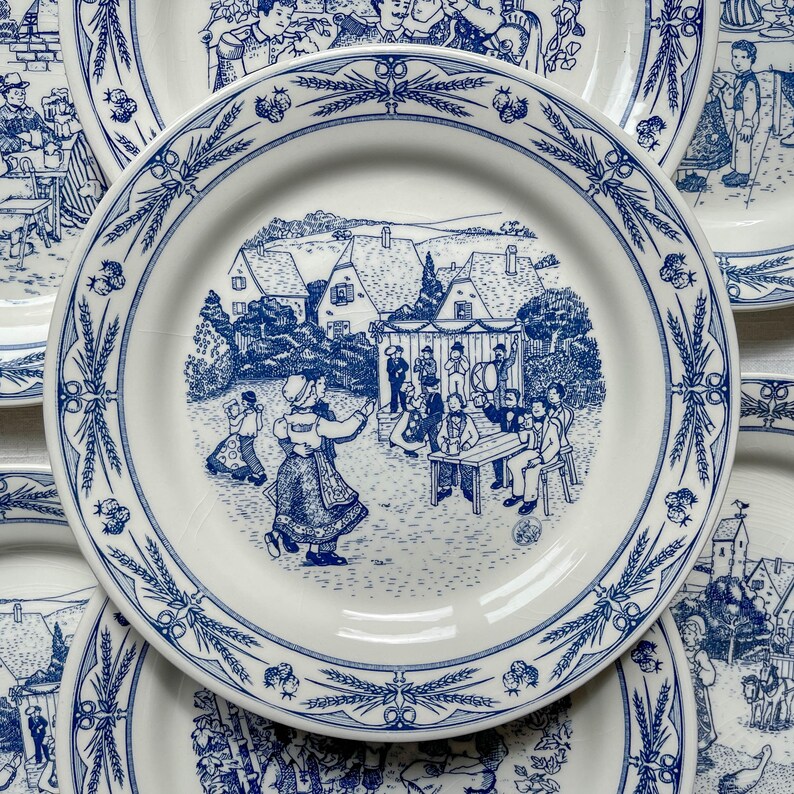Set of 7 Antique Gien Earthenware Dinner Plates - Ball Scene - Alsatian ...