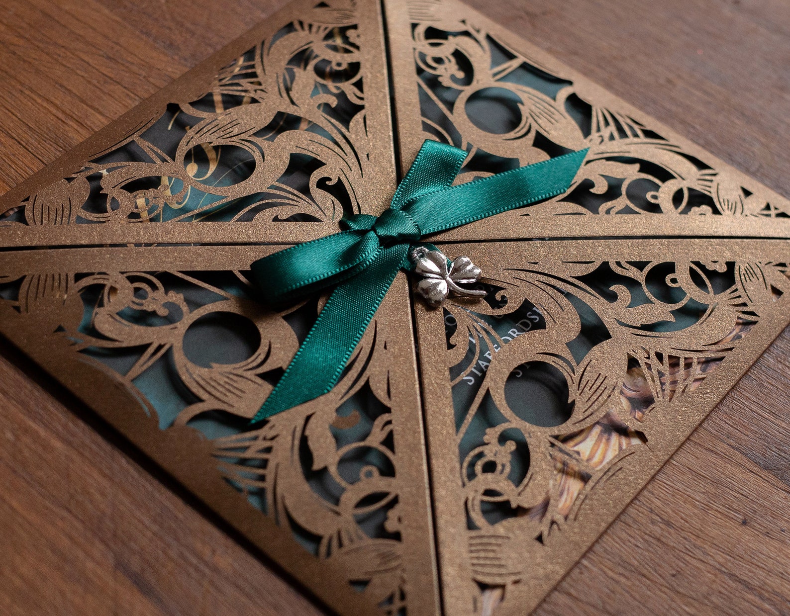Laser Cut Irish Wedding Invitation | Bronze Shimmer, Green Bow - Etsy
