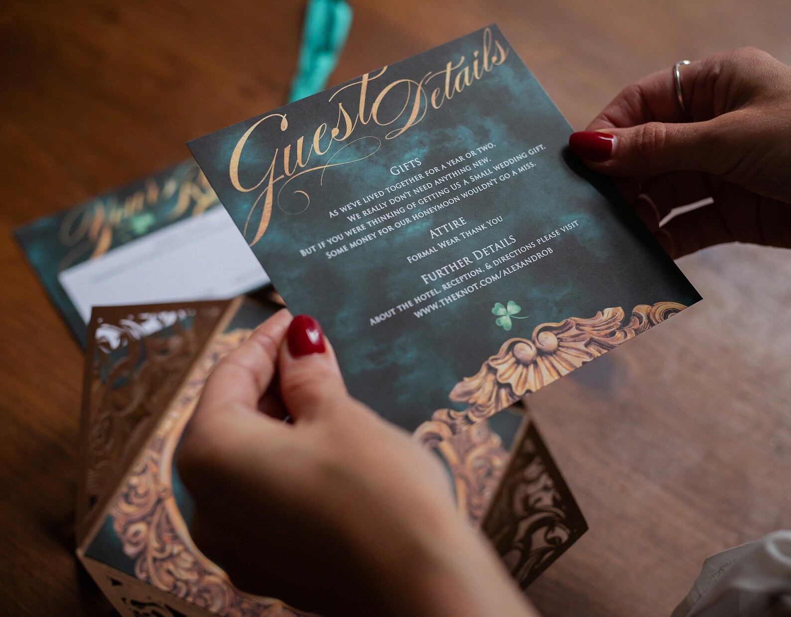 Laser Cut Irish Wedding Invitation | Bronze Shimmer, Green Bow - Etsy