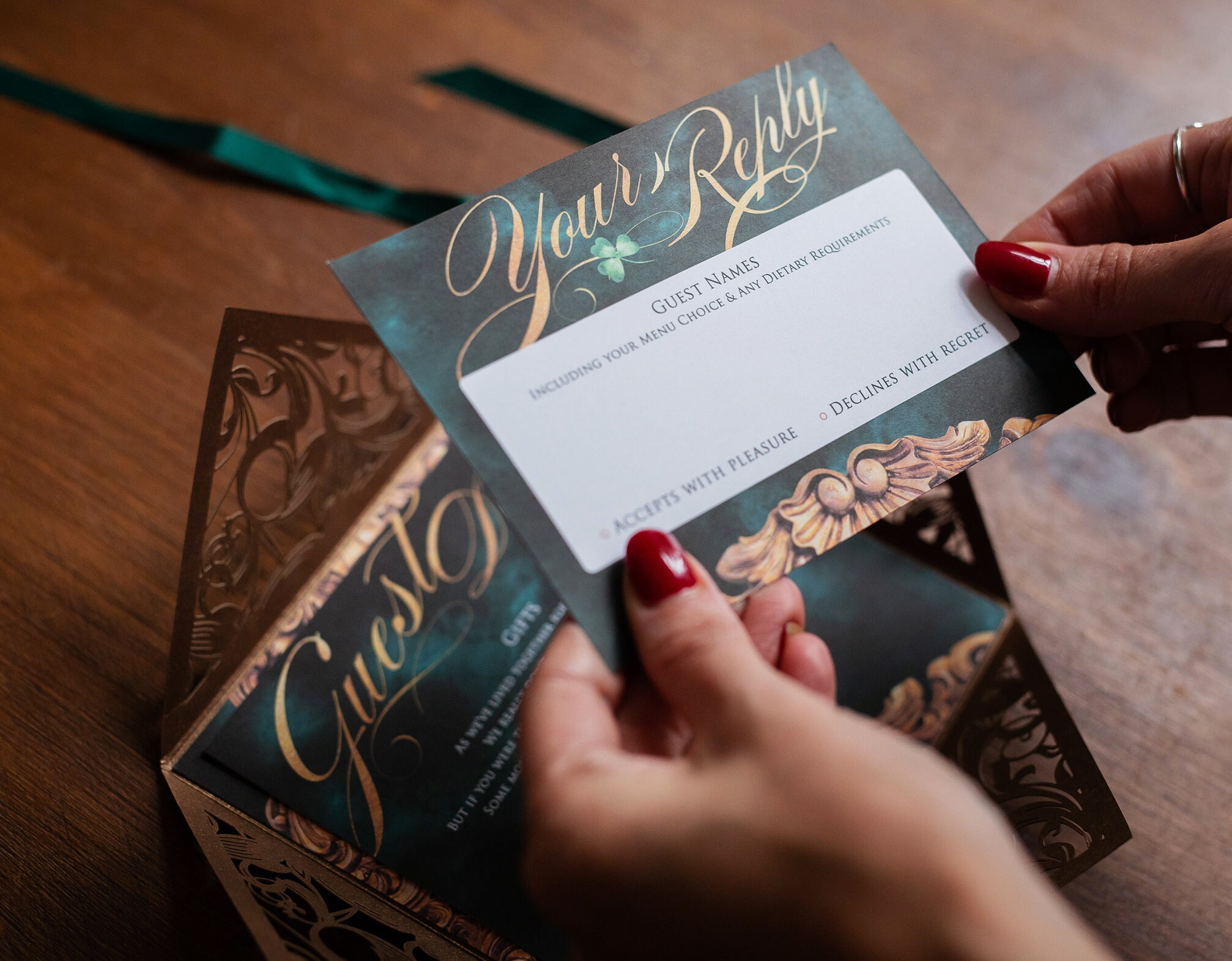 Laser Cut Irish Wedding Invitation | Bronze Shimmer, Green Bow - Etsy